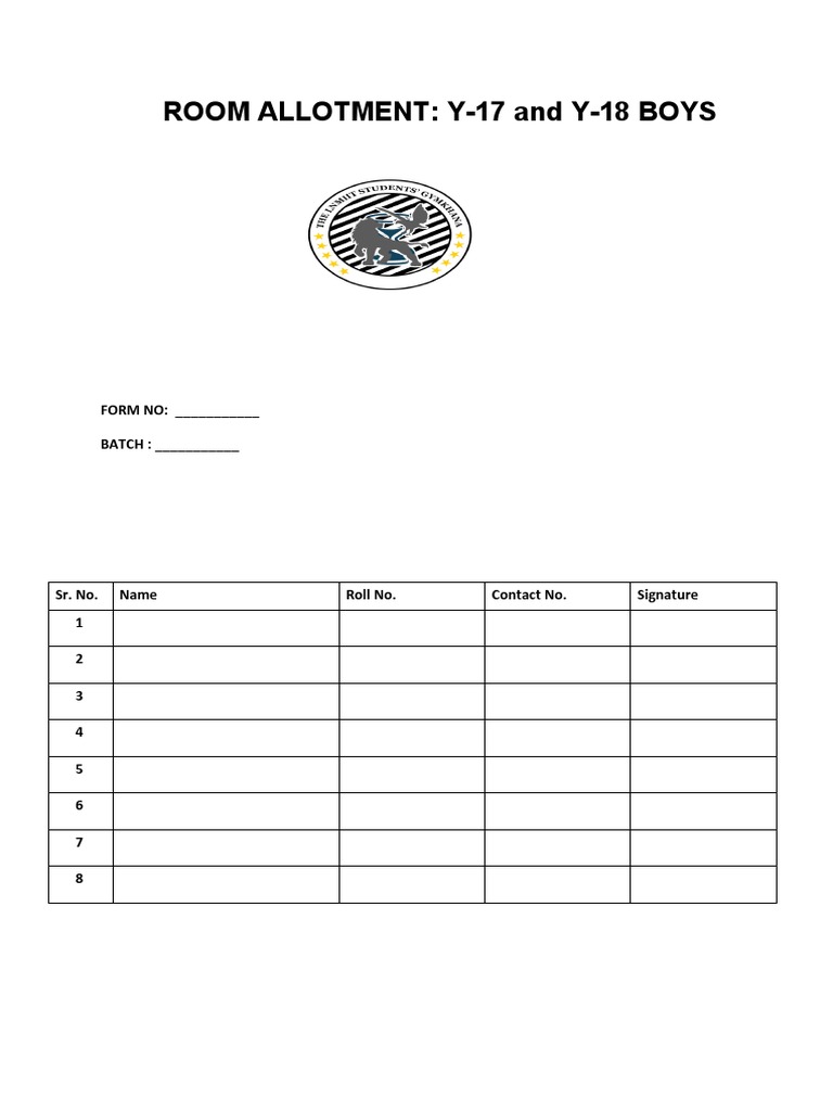 Room Allotment: Y-17 and Y-18 Boys: FORM NO: - BATCH | PDF