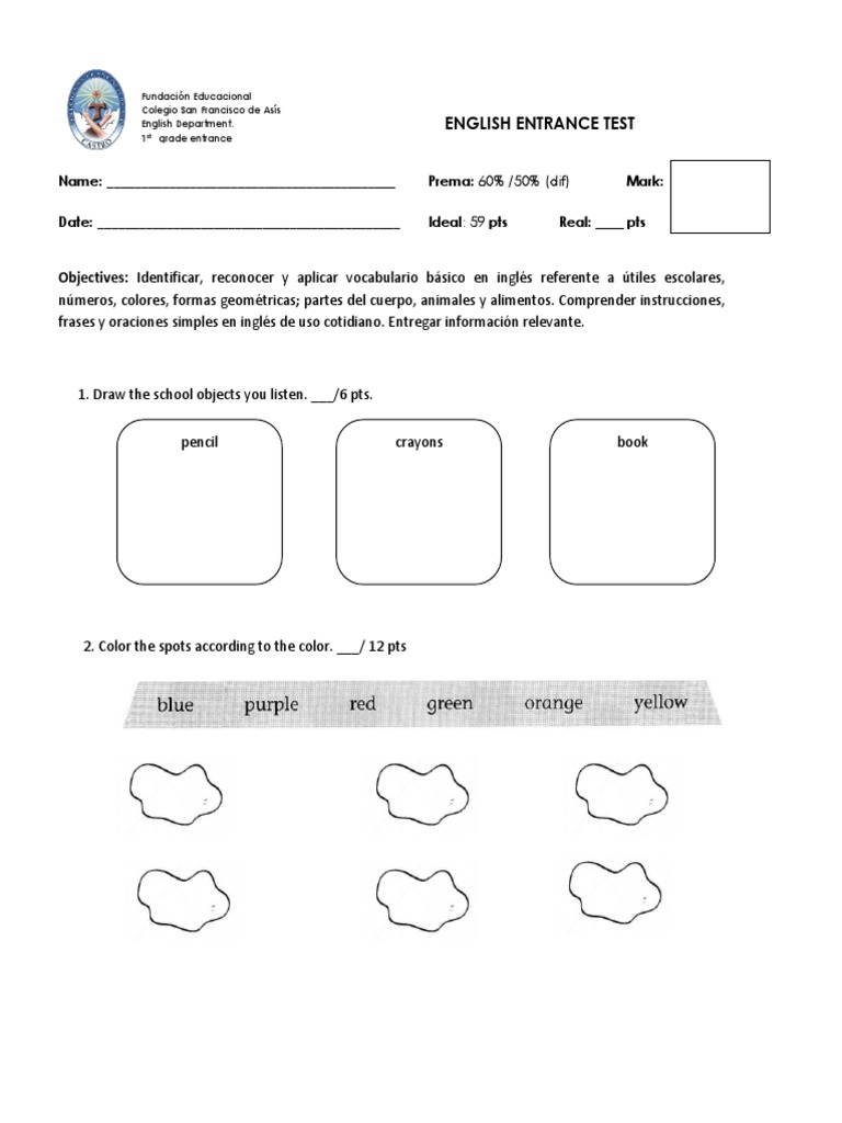 1st Grade Entrance Test | PDF | Language Arts & Discipline