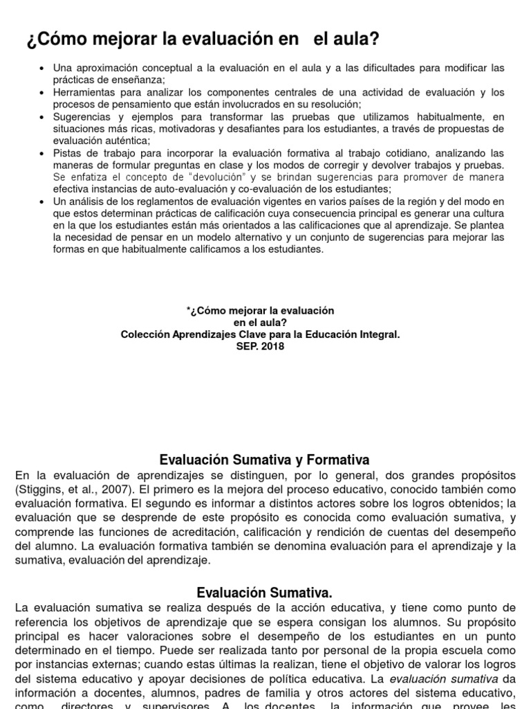 Resumen Del Libro Como Mejorar La Evaluación en El Aula | PDF ...
