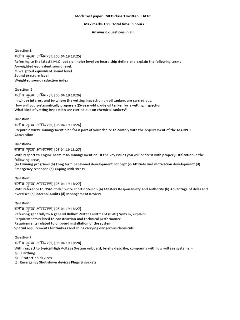 MEO Class 1 Mock Test Paper | PDF | Oil Tanker | Internal Combustion Engine