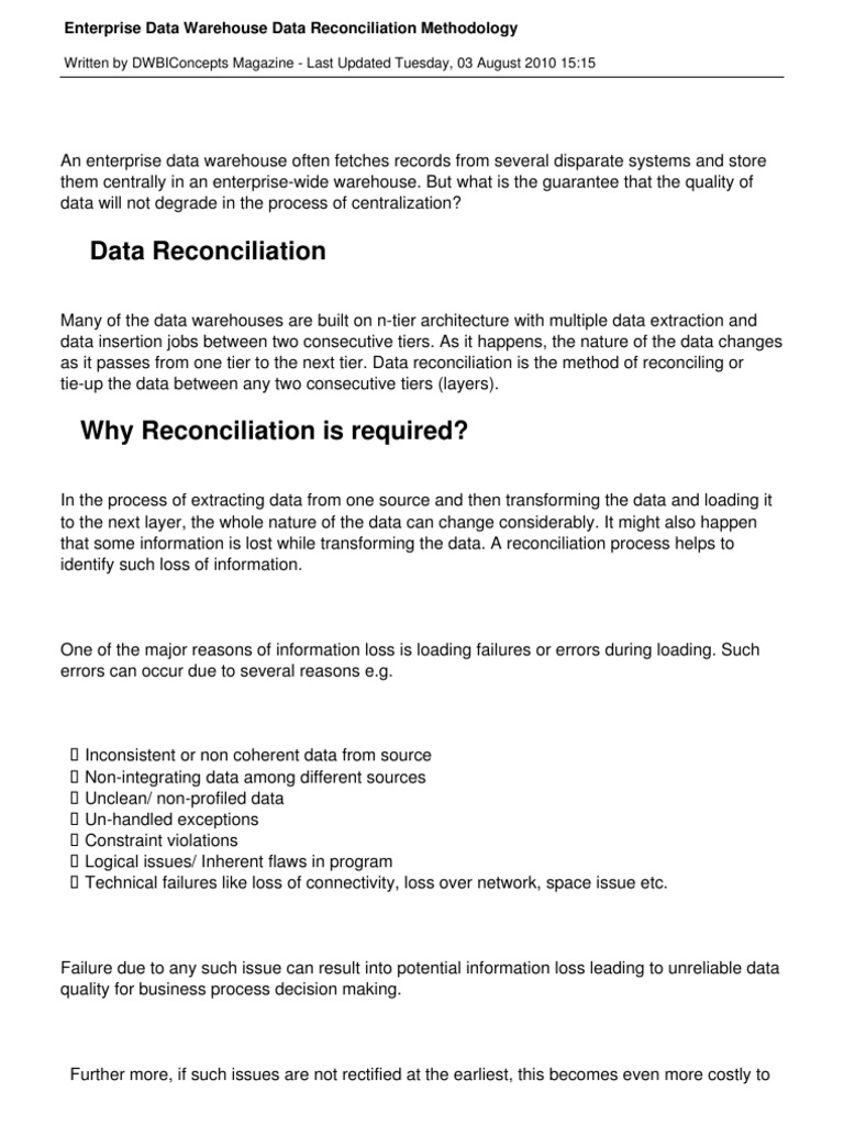 A Framework for Automating Enterprise Data Warehouse Reconciliation ...