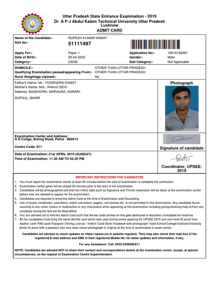UPSEE 2019 Admit Card Instructions | PDF | Identity Document ...