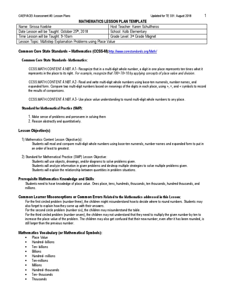 Mathematics Lesson Plan Template: Common Core State Standards ...
