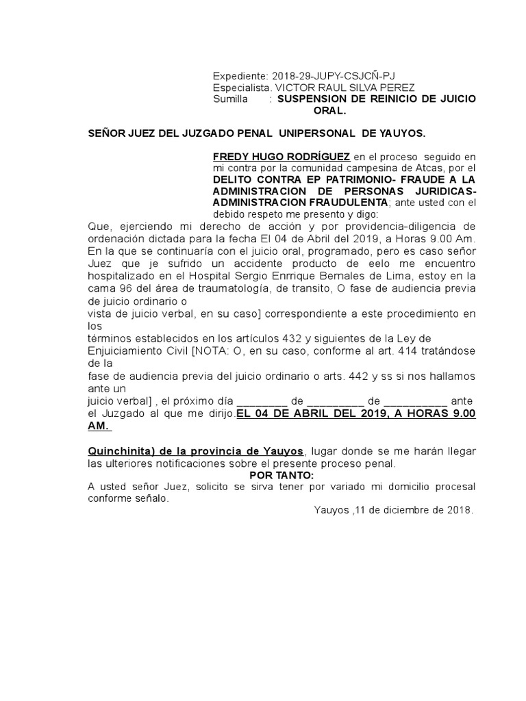 Escrito de Suspension de Juicio Oral | PDF | Procedimiento Criminal | Ley procesal