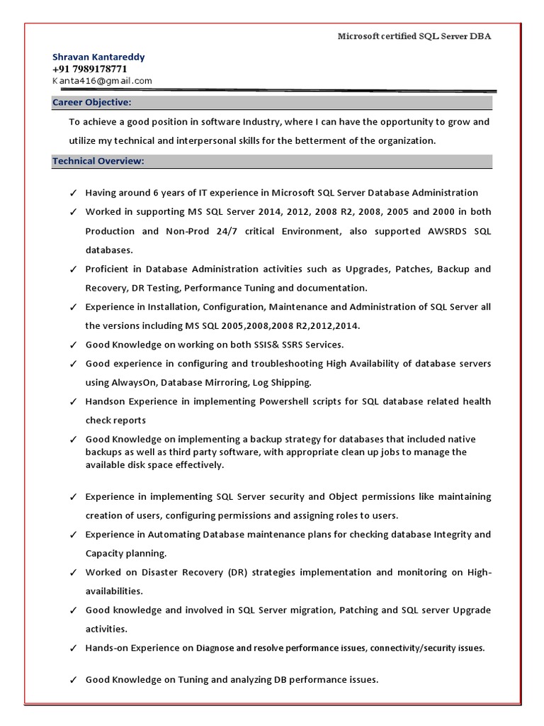 Microsoft Certified SQL Server DBA Resume | PDF | Microsoft Sql Server ...