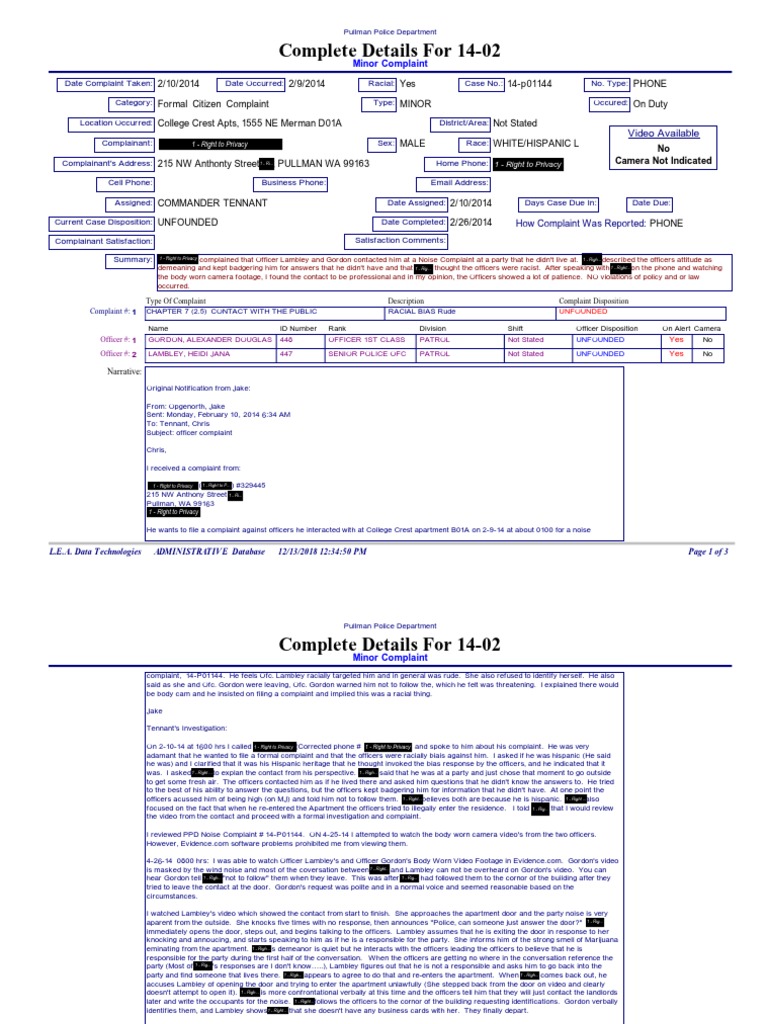 14-02 Racial Bias Complaint (Unfounded) | PDF | Privacy | Social ...