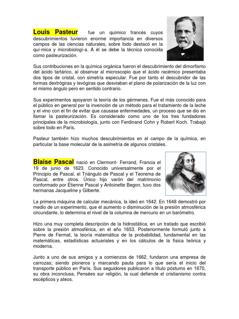 Biografia de Luois Pasteur, Blaise Pascal, Guillermo Marconi, Albert ...
