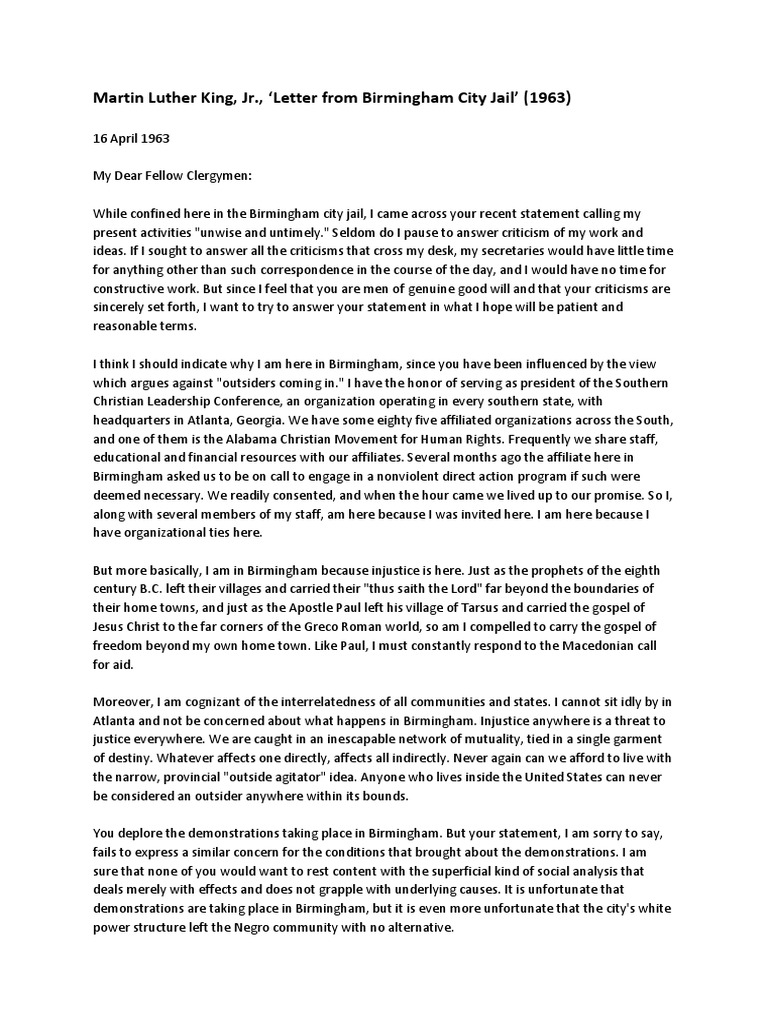 Martin Luther King Letter From Birmingham Jail PDF | PDF | Extremism ...