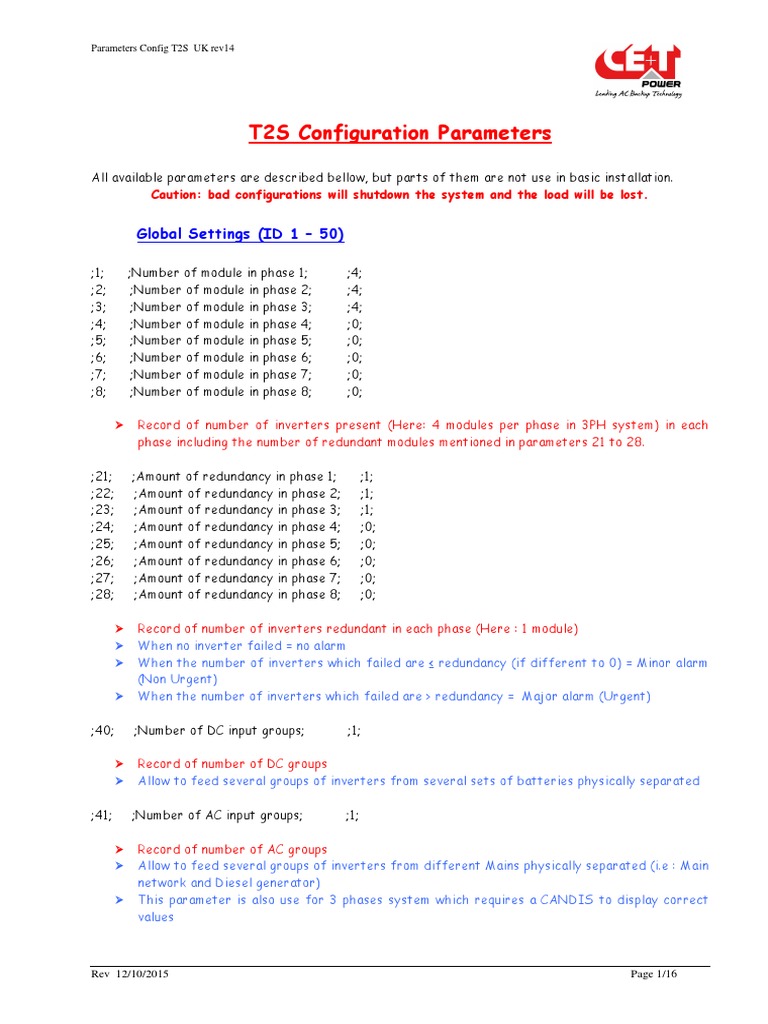 04 Parameters Config T2S Definitions UK Rev14 | PDF | Power Inverter | Alternating Current