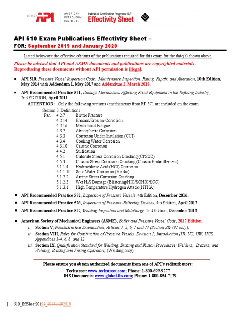 API 510 Exam Publications Effectivity Sheet - : September 2019 and ...