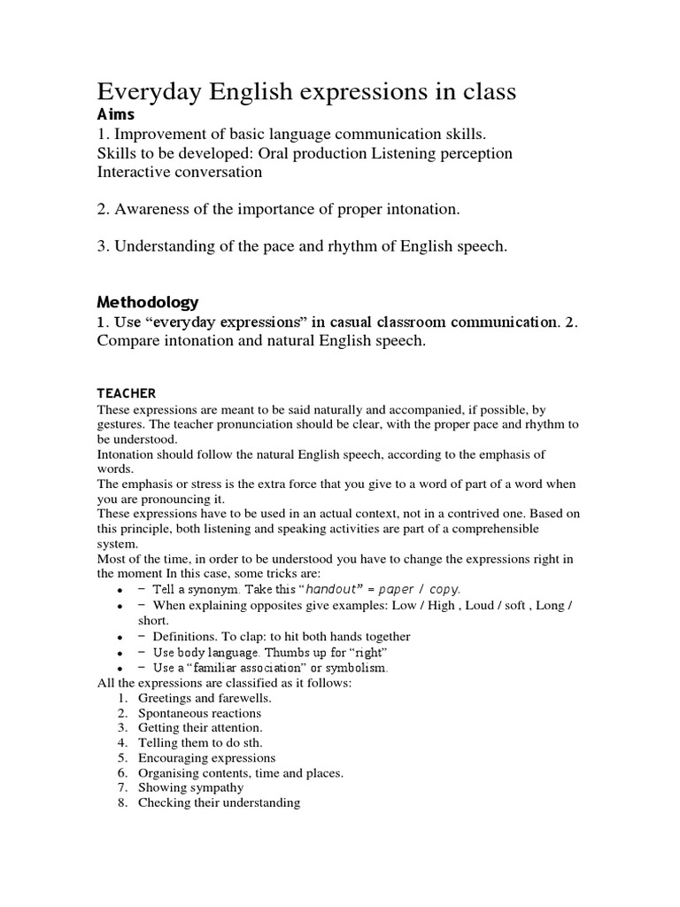 Everyday Classroom Expressions | PDF | Stress (Linguistics) | English ...