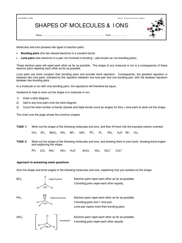 Shapes of Molecules & Ions: Name . . Form | PDF | Chemical Bond ...