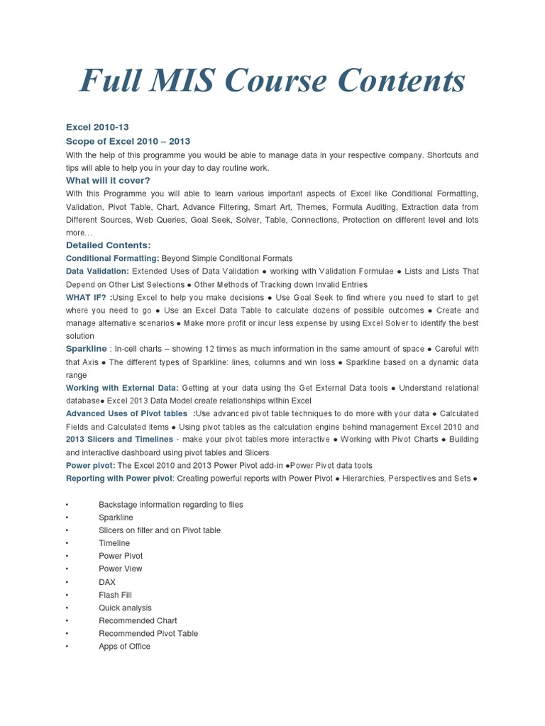 Full MIS Course Contents: Excel 2010-13 Scope of Excel 2010 - 2013 ...