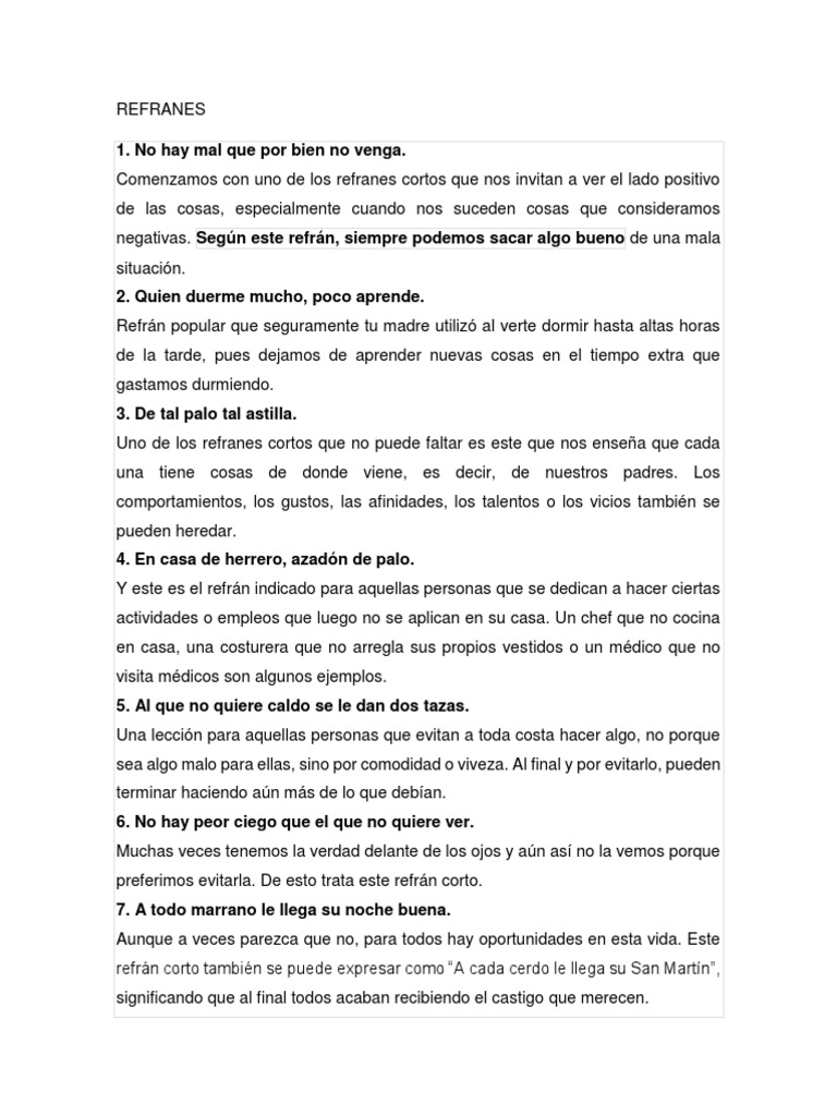 Refranes populares y su significado | PDF | Proverbio