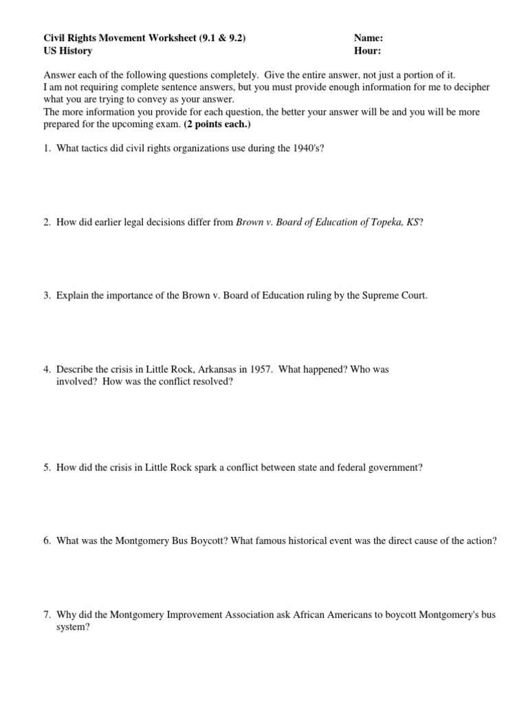 Civil Rights Movement Worksheet 9 | PDF | Politics | Social Science