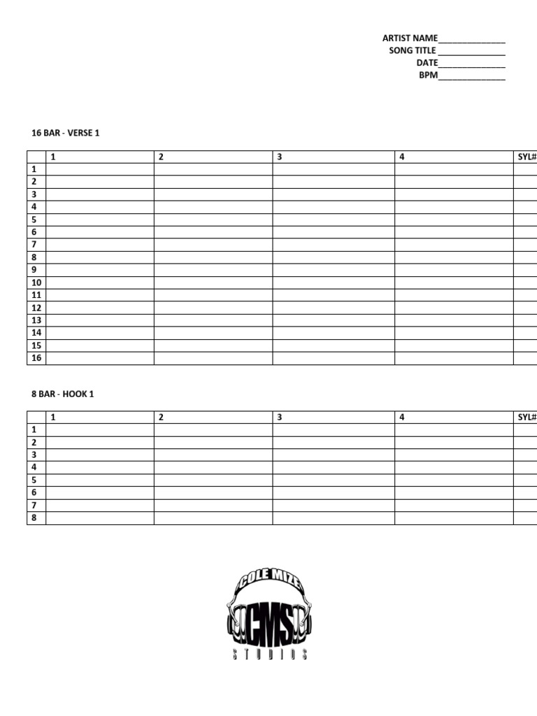 Bar Sheet Template for Songwriting | PDF