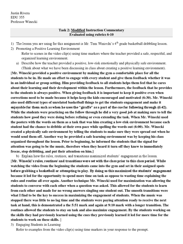 Edu 355 Edtpa Task 2 - Justin Rivera | PDF | Attention | Learning