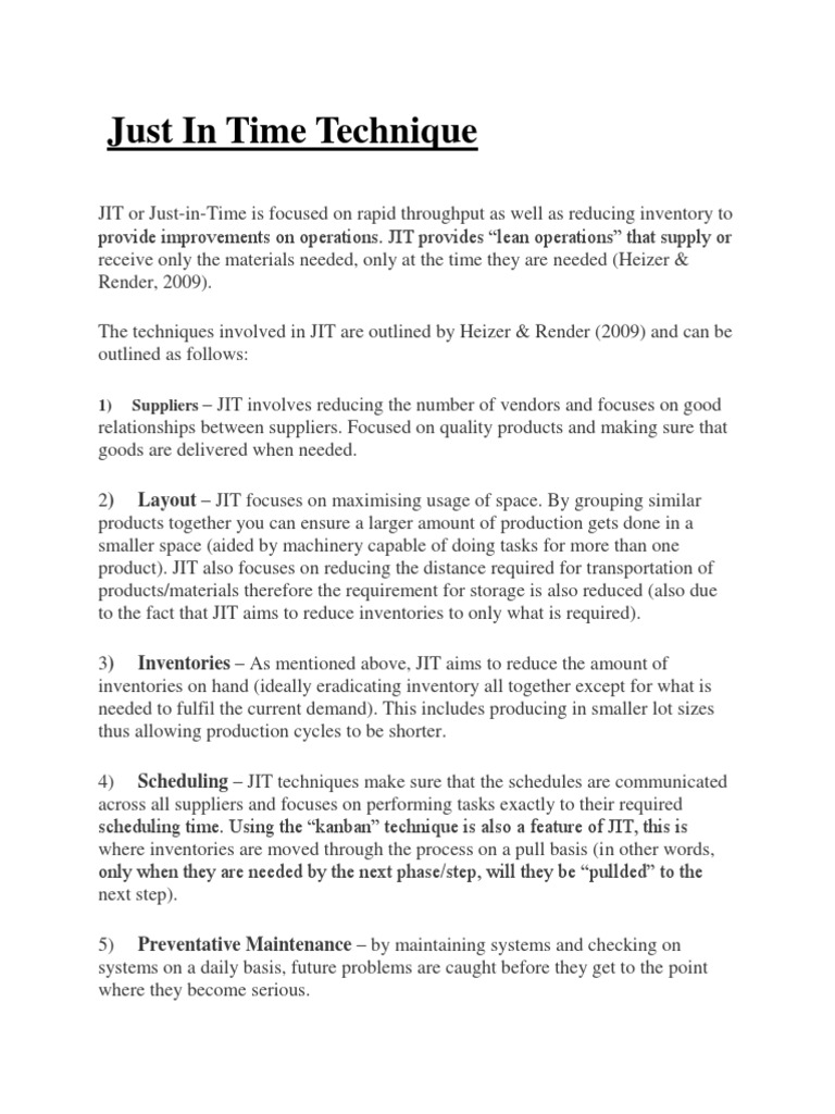 Just in Time Technique: 1) Suppliers | PDF | Inventory | Supply Chain