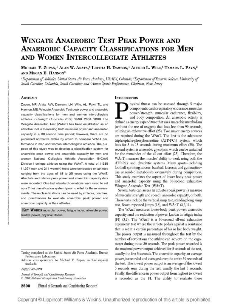 Wingate Anaerobic Test Peak Power and Anaerobic - in Collegiate ...