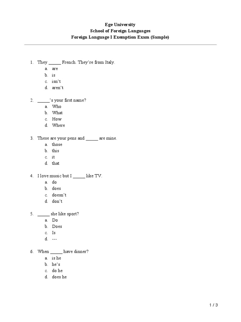 Ege University School of Foreign Languages Foreign Language I Exemption Exam (Sample) | PDF ...