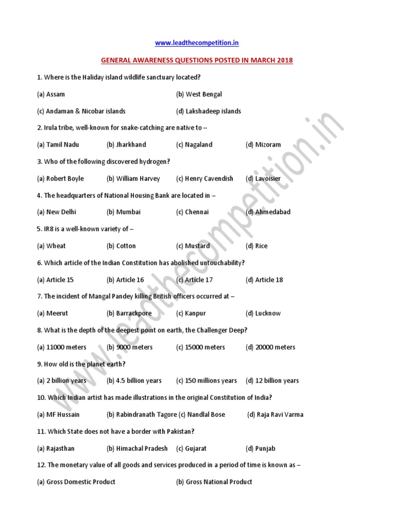 General Awareness Questions March 2018 | PDF | Carbon | Homo