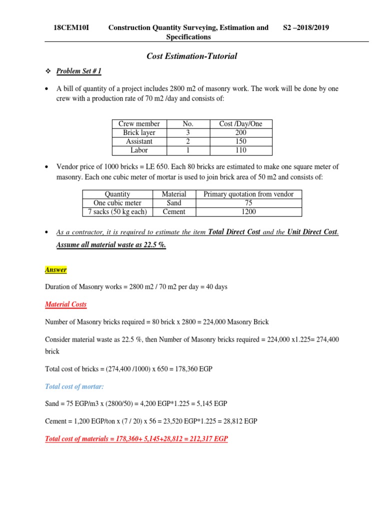 Cost Estimation - Problem Solving Tutorial | PDF | Index (Economics ...