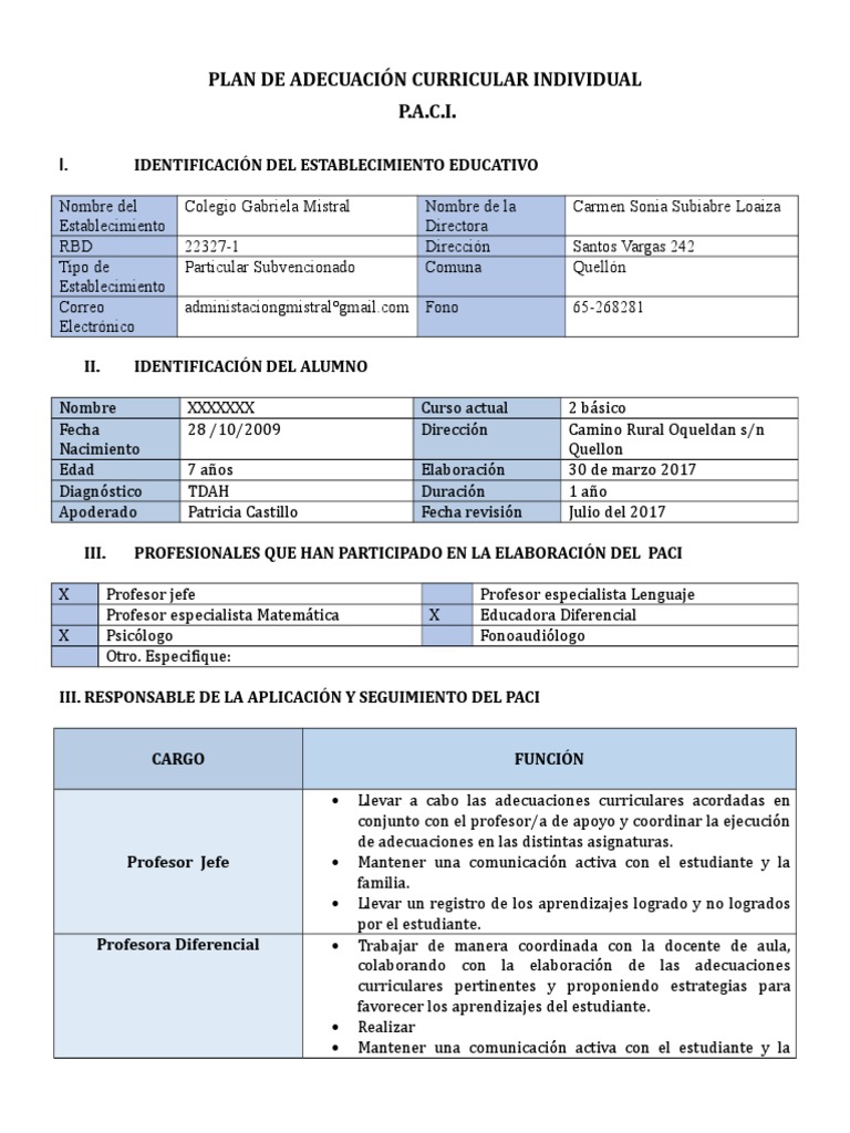 Ejemplo de Plan de Adecuacion Curricular Individual | PDF | Salón de clases | Maestros