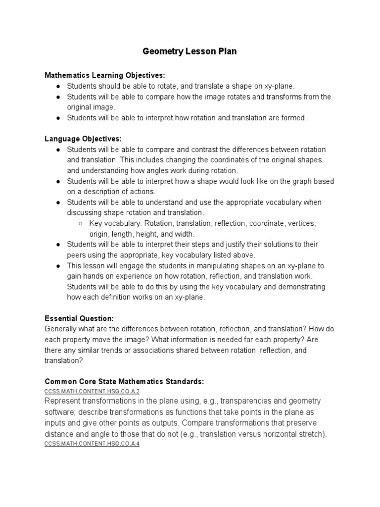 Geometry Lesson Plan: Mathematics Learning Objectives | PDF | Shape ...