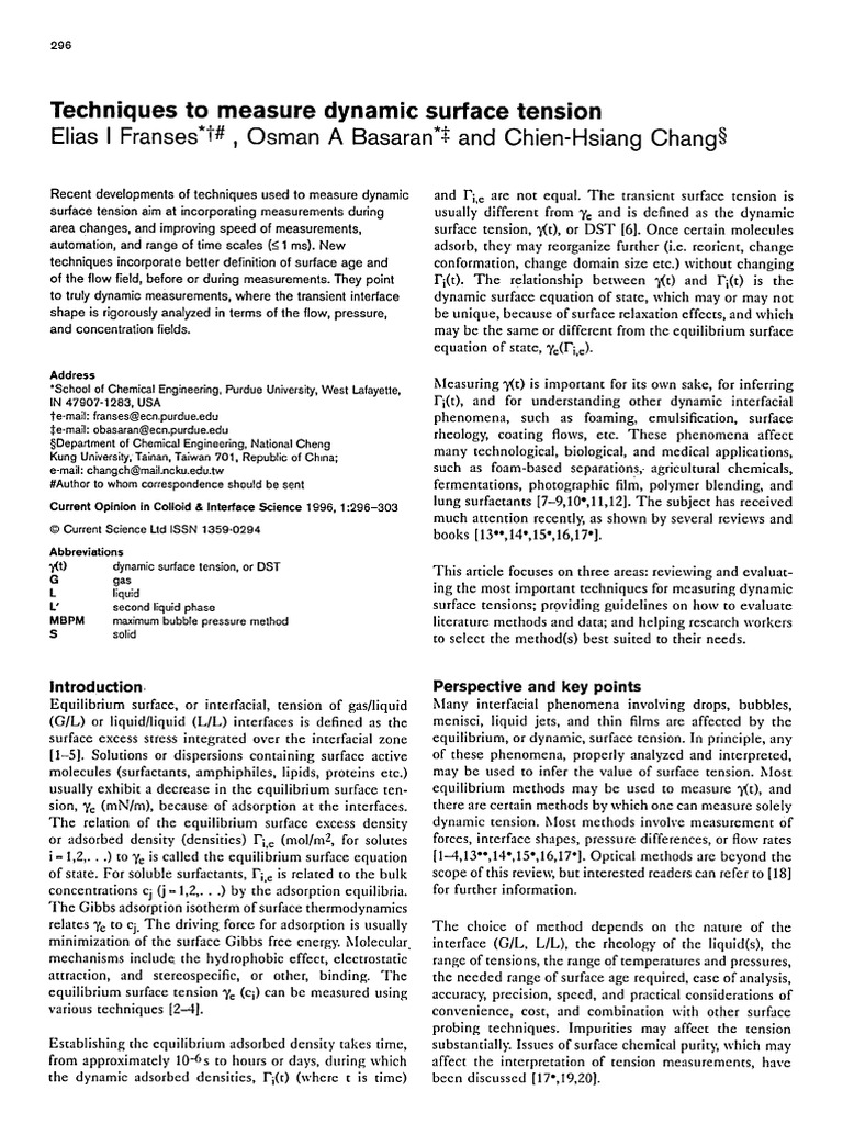 Techniques To Measure Dynamic Surface Tension PDF | PDF | Drop (Liquid) | Surface Tension