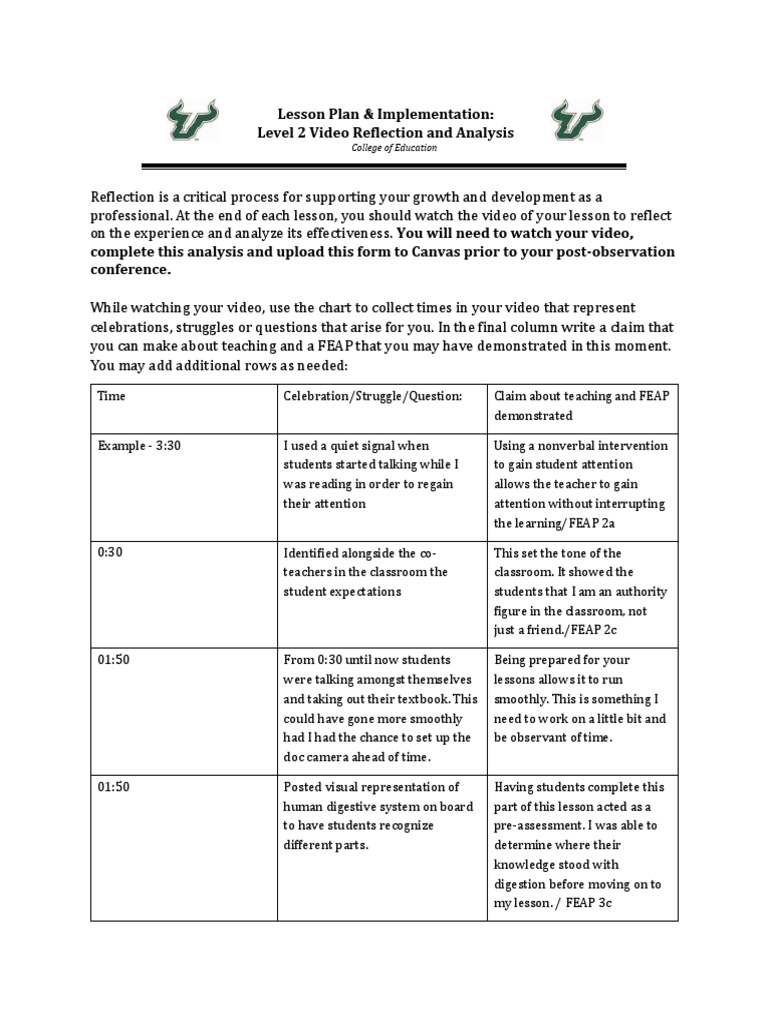 Lesson Plan & Implementation: Level 2 Video Reflection and Analysis | PDF | Classroom | Teachers