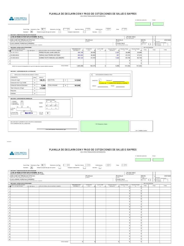 Planilla Isapre Colmena