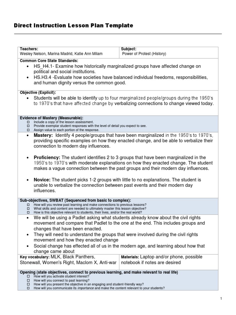 Direct Instruction Lesson Template 2017 1 | PDF | Lecture | Learning