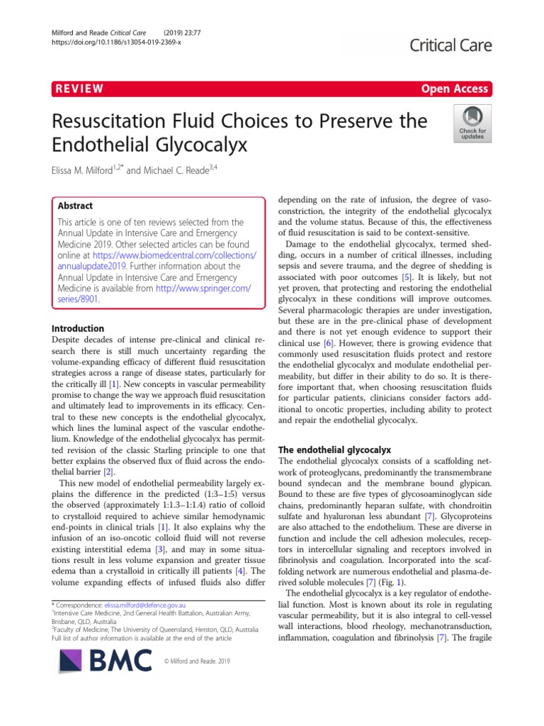 Resuscitation Fluid Choices To Preserve The Endothelial Glycocalyx | PDF | Animal Anatomy | Cell ...