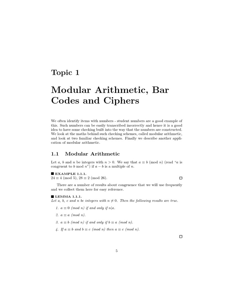 Modular Arithmetic Bar Codes And Ciphers Topic 1 Pdf Cryptography Cipher