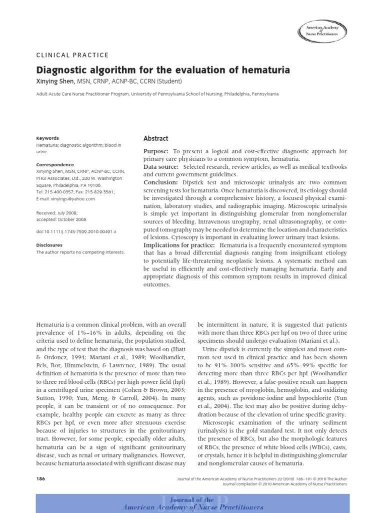 Diagnostic Algorithm For The Evaluation of Hematuria: Clinicalpractice ...