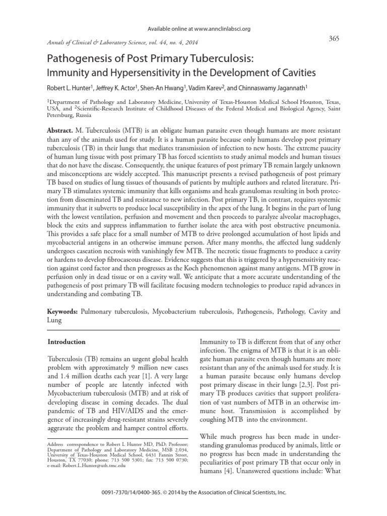 Pathogenesis of Post Primary Tuberculosis:: Immunity and ...
