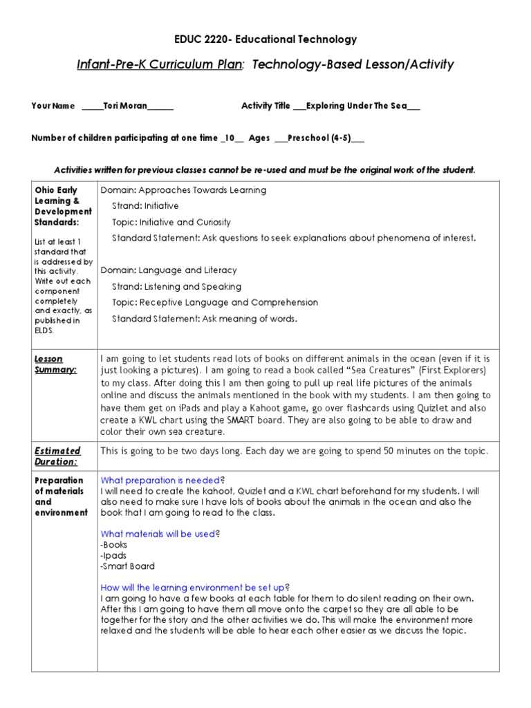 Infant-Pre-K Curriculum Plan: Technology-Based Lesson/Activity | PDF ...