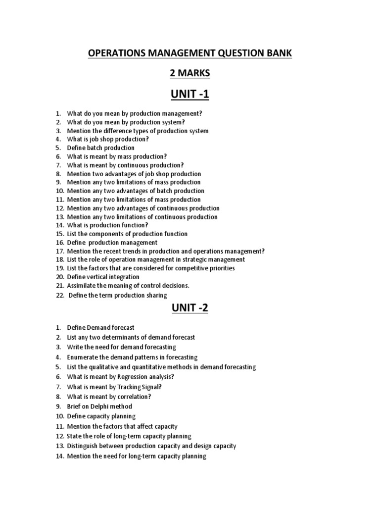 Unit - 1: Operations Management Question Bank 2 Marks | PDF ...