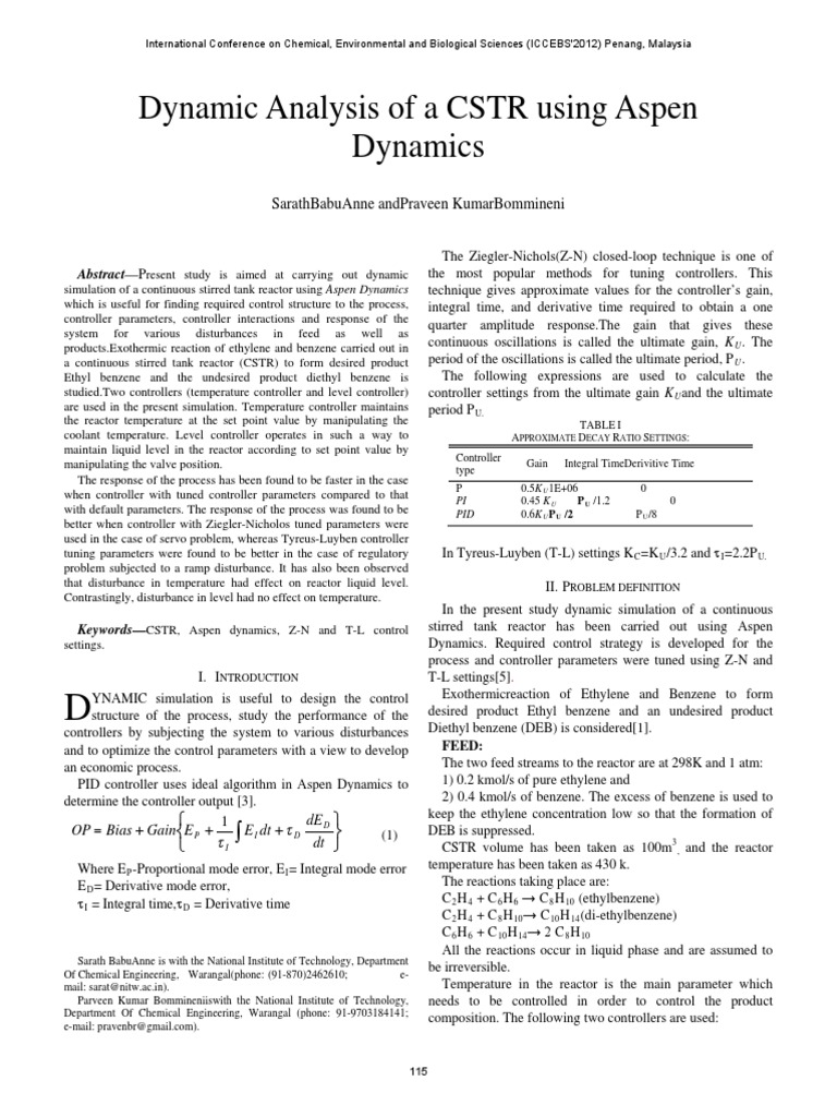 Dynamic Analysis of A CSTR Using Aspen Dynamics PDF | PDF