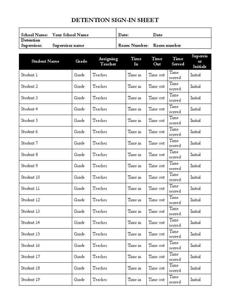Detention Sign-In Sheet Template | PDF