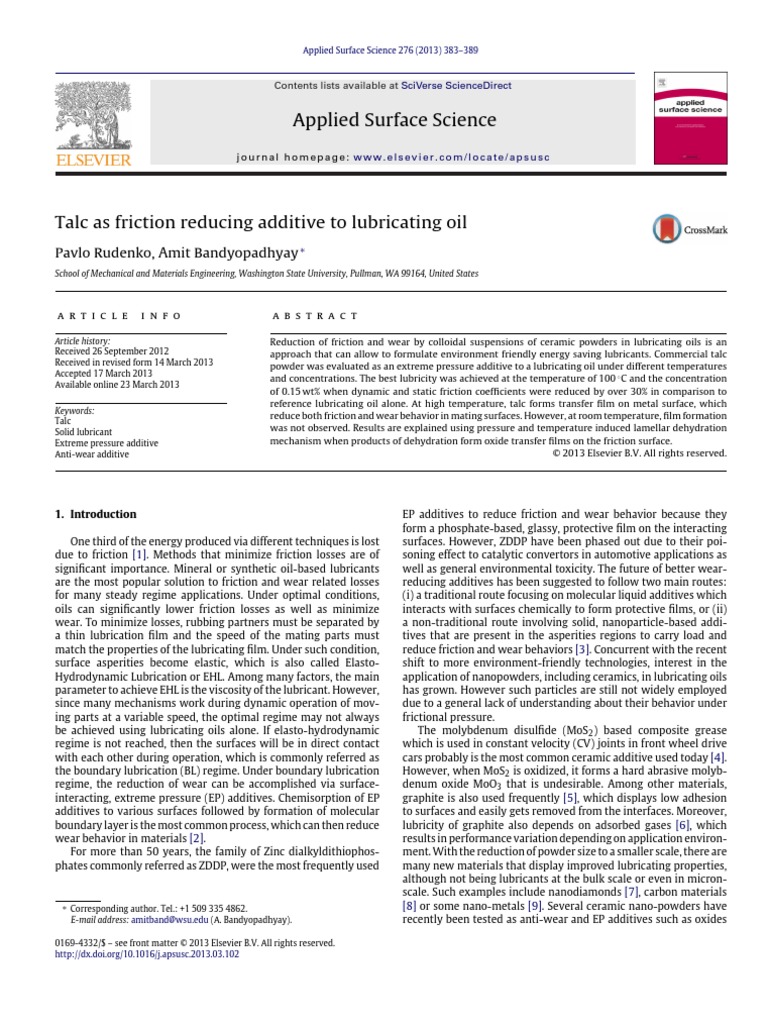 Talc As Friction Reducing Additive To Lubricating Oil | PDF | Wear ...