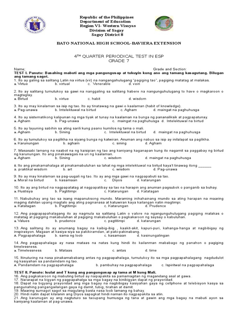4th Quarter Periodical Examination in Esp 7 | PDF