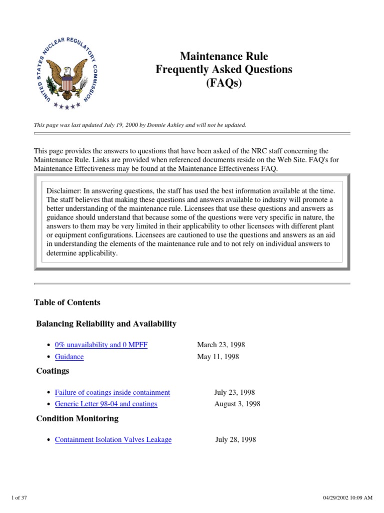 Maintenance Rule Frequently Asked Questions (Faqs) : Balancing ...