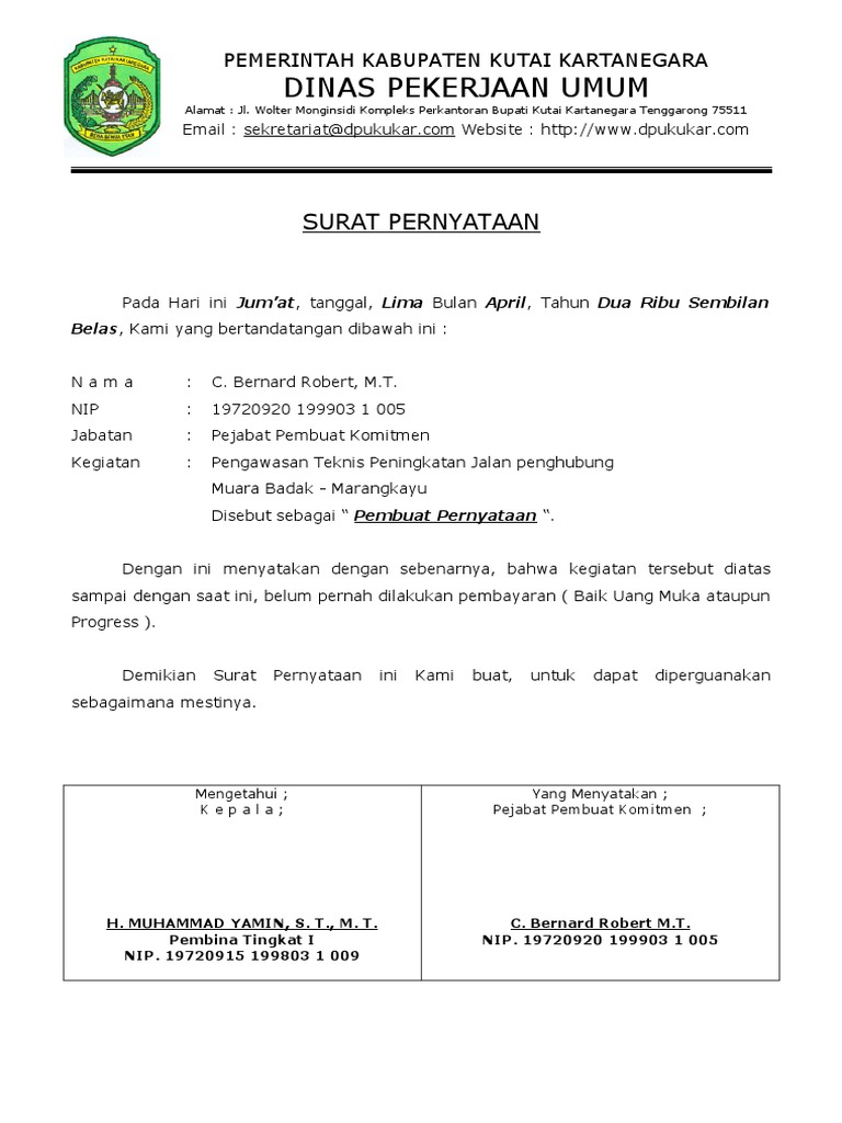Surat Pernyataan PPK - PWS Penghub Marangkayu | PDF