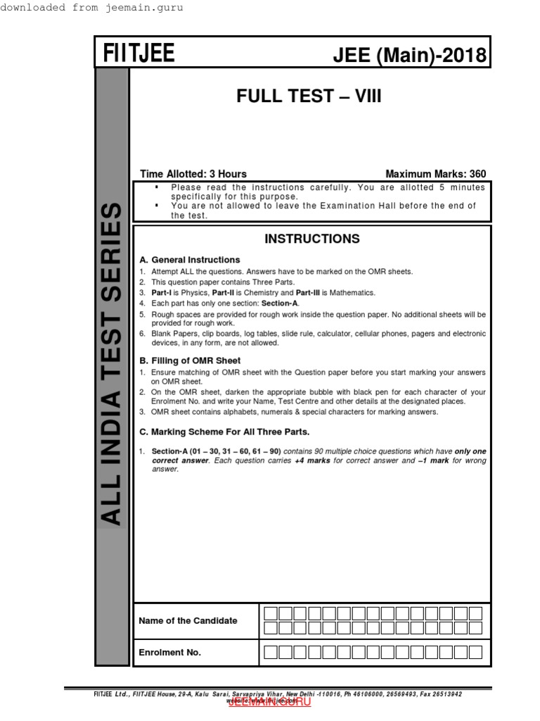 Fiitjee: JEE (Main) - 2018 | PDF | Force | Capacitor