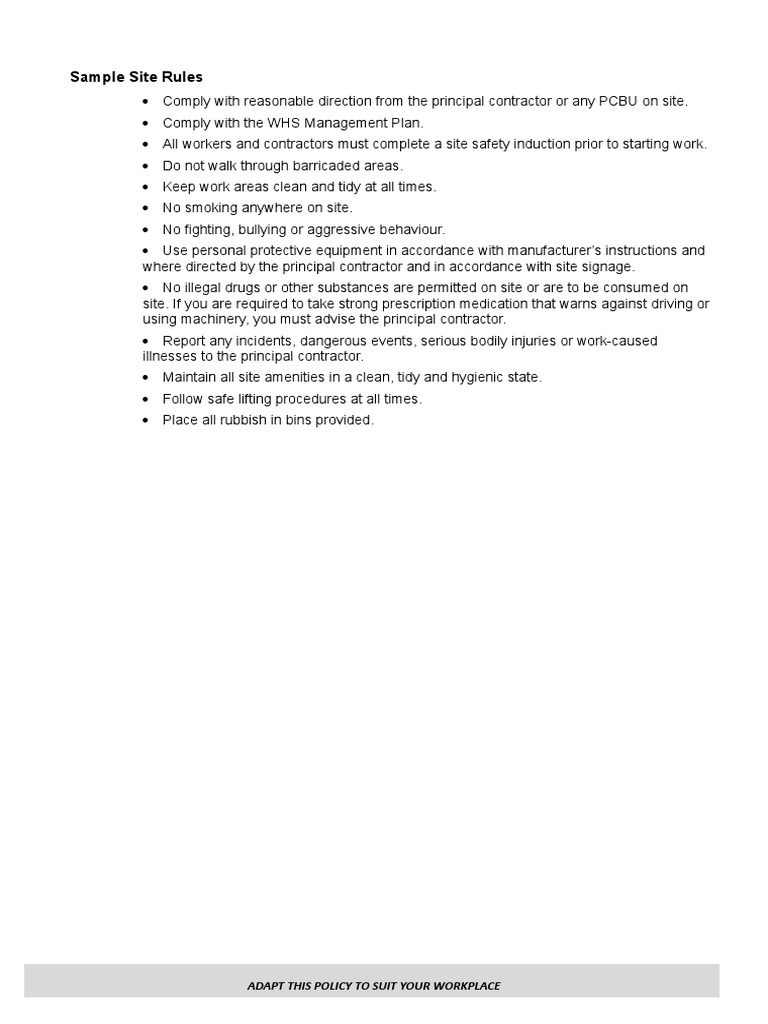 Sample Site Rules: Adapt This Policy To Suit Your Workplace | PDF