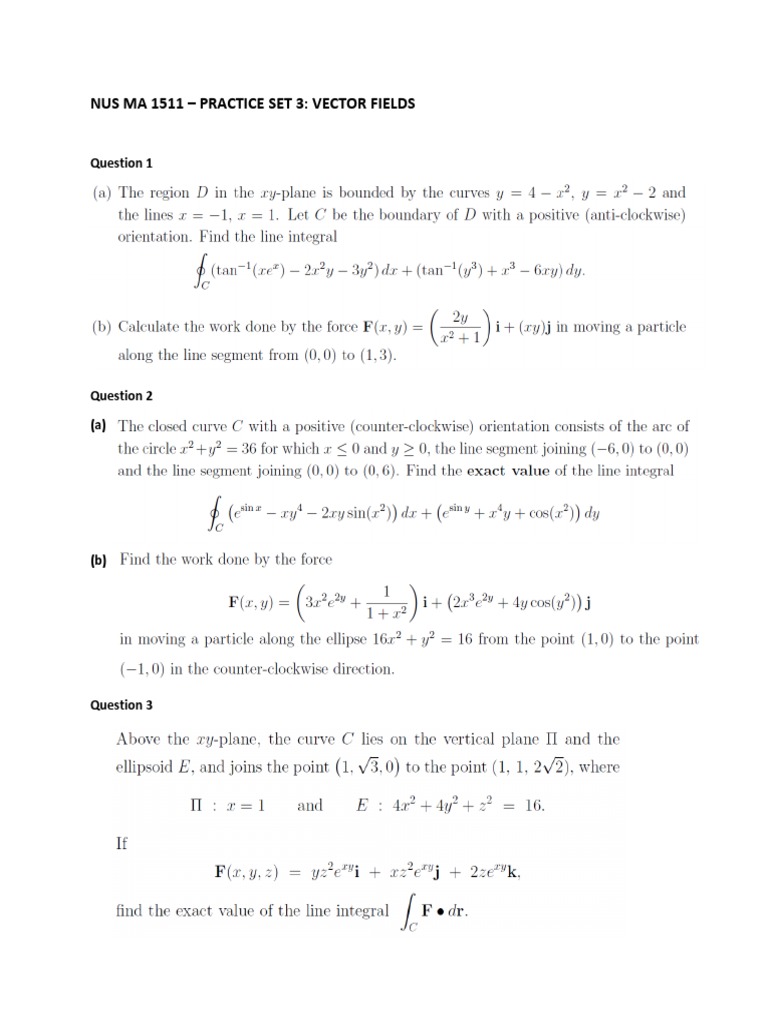 Nus Ma 1511 - Practice Set 3: Vector Fields | PDF
