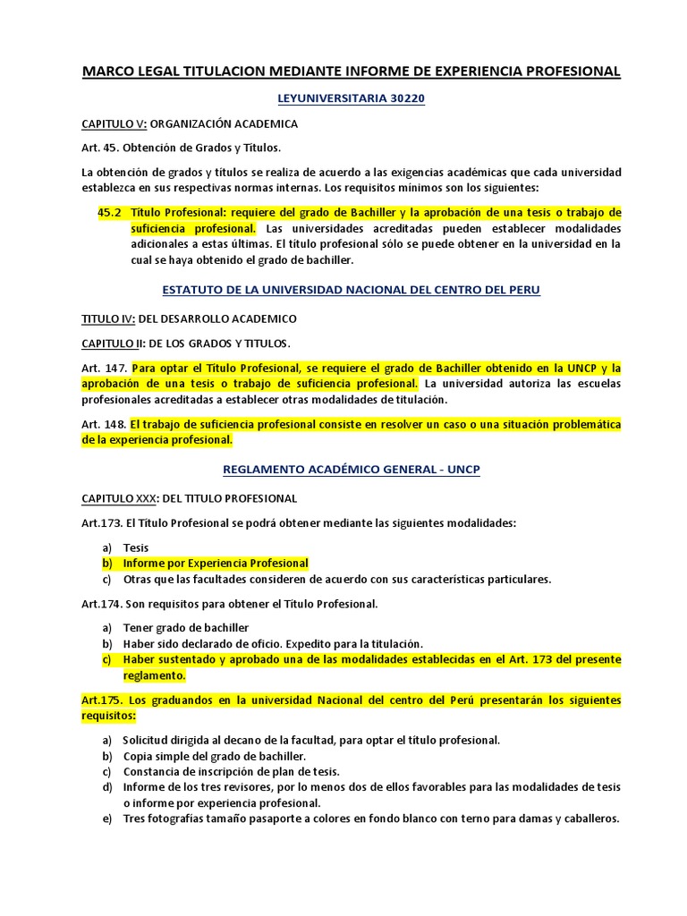 Marco Legal Titulacion Mediante Informe de Experiencia Profesional | Descargar gratis PDF ...