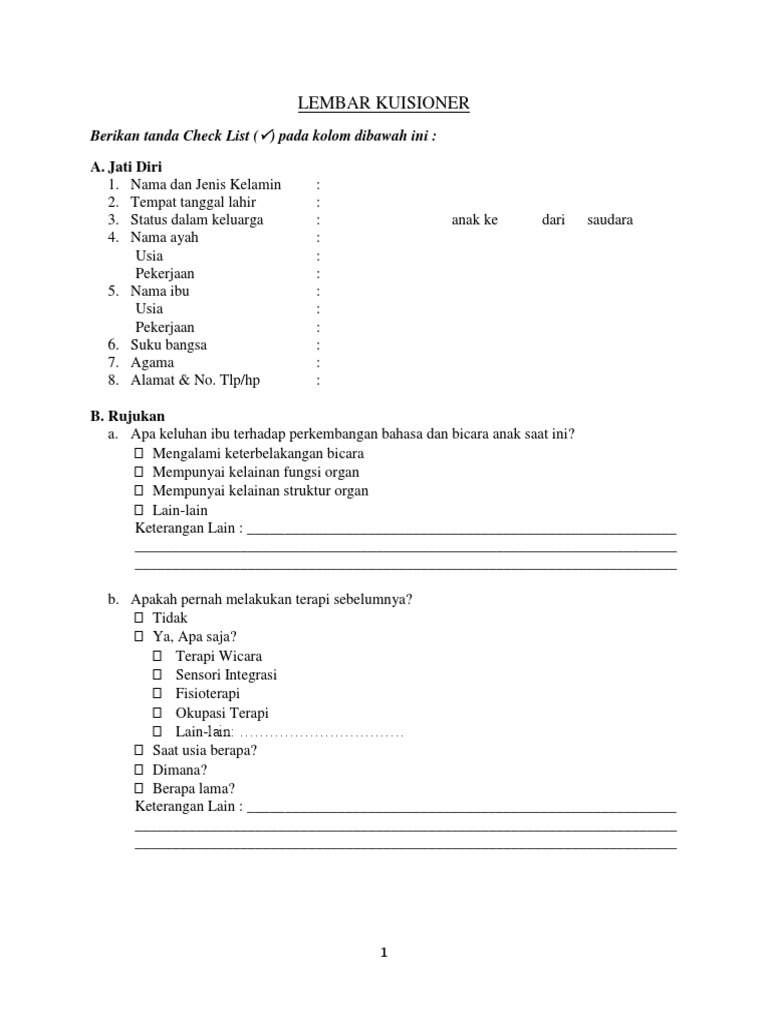 Lembar Kuisioner Terapi Wicara | PDF | Gaya Hidup