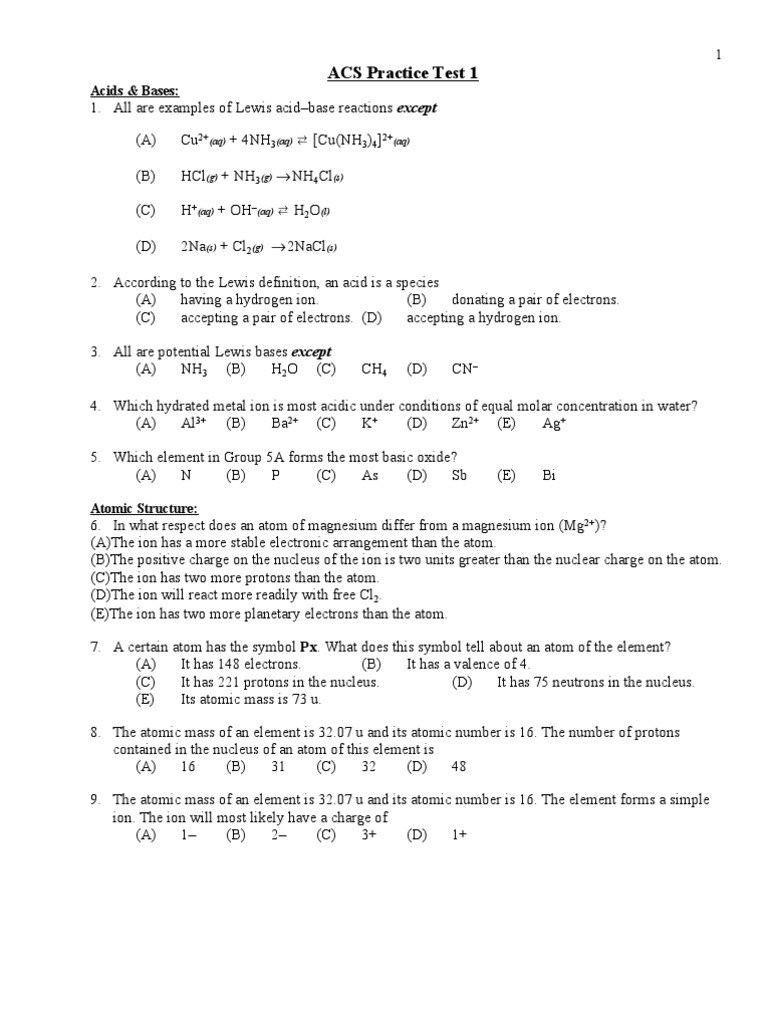ACS Practice Test 1 | PDF | Chemical Equilibrium | Chemical Reactions